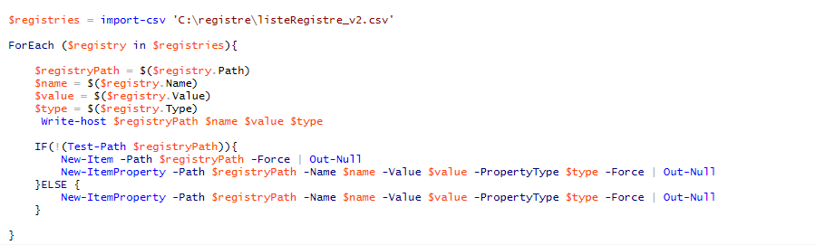 Création de clé de registre en powershell - script powershell et lecture de csv en powershell ...