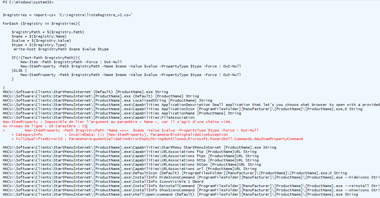 Création de clé de registre en powershell - script powershell et lecture de csv en powershell ...