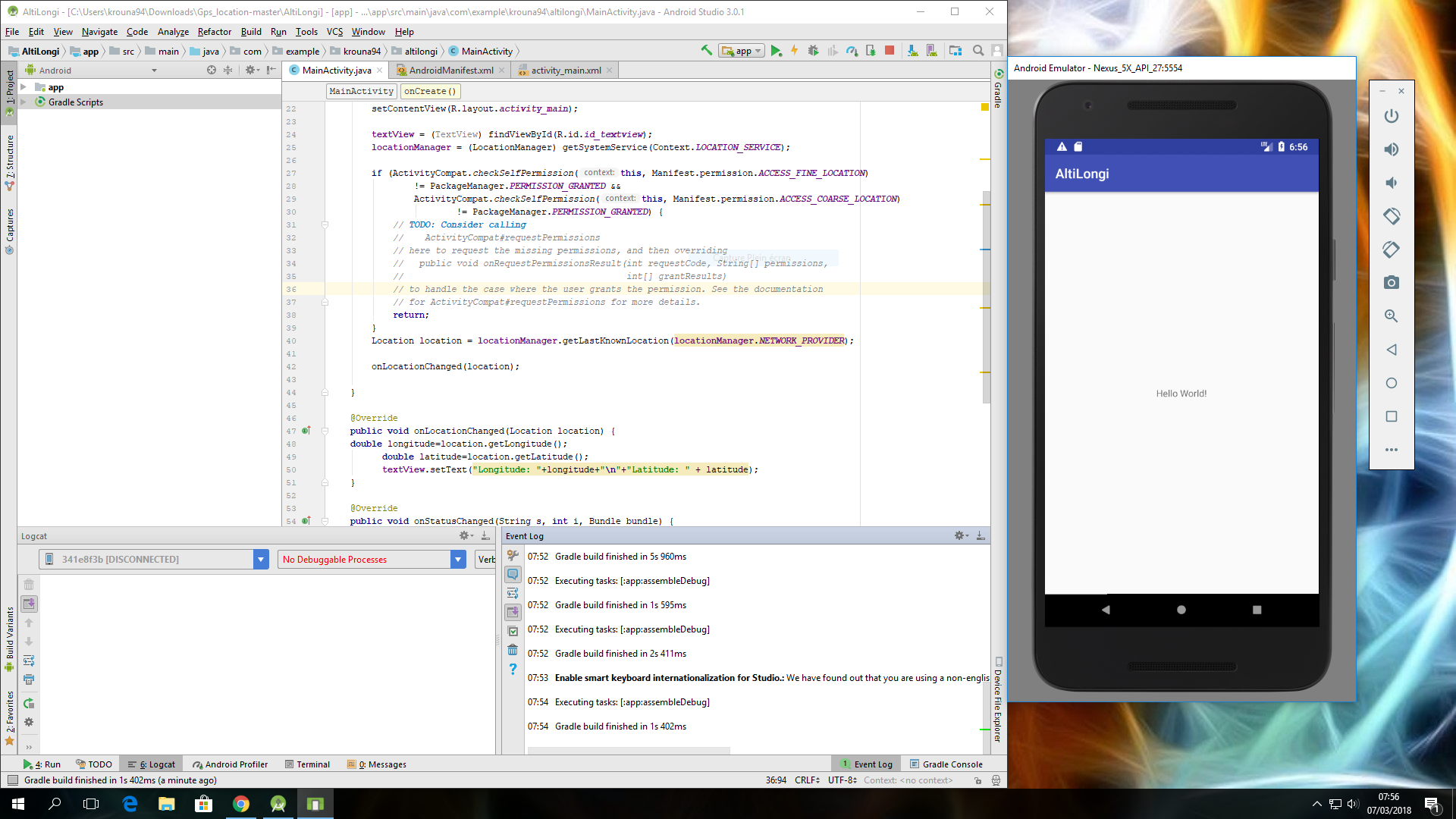 ANDROID STUDIO Coordonnées GPS - Récupération de la latitude et ...