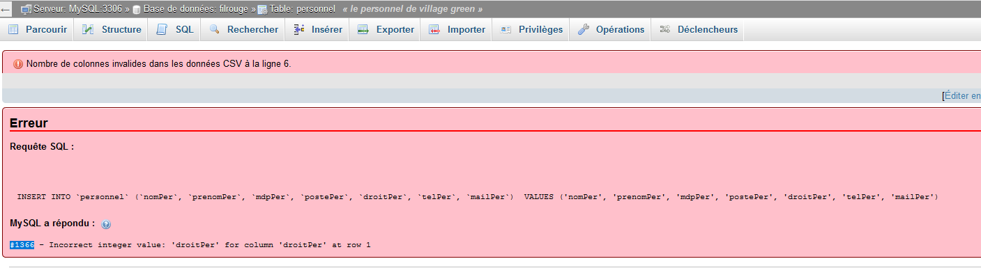 problème insertion CSV Phpmyadmin - Erreur importation par kaleraser - page 1 - OpenClassrooms