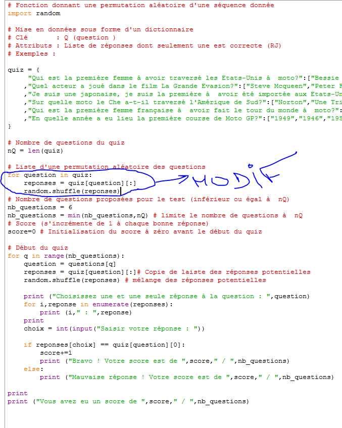 Quiz avec dictionnaire - Python par GabyMMI - page 1 - OpenClassrooms