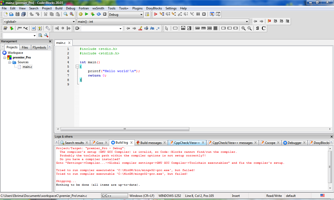 Compilation et debogage d'un simple programme C - probleme de ...