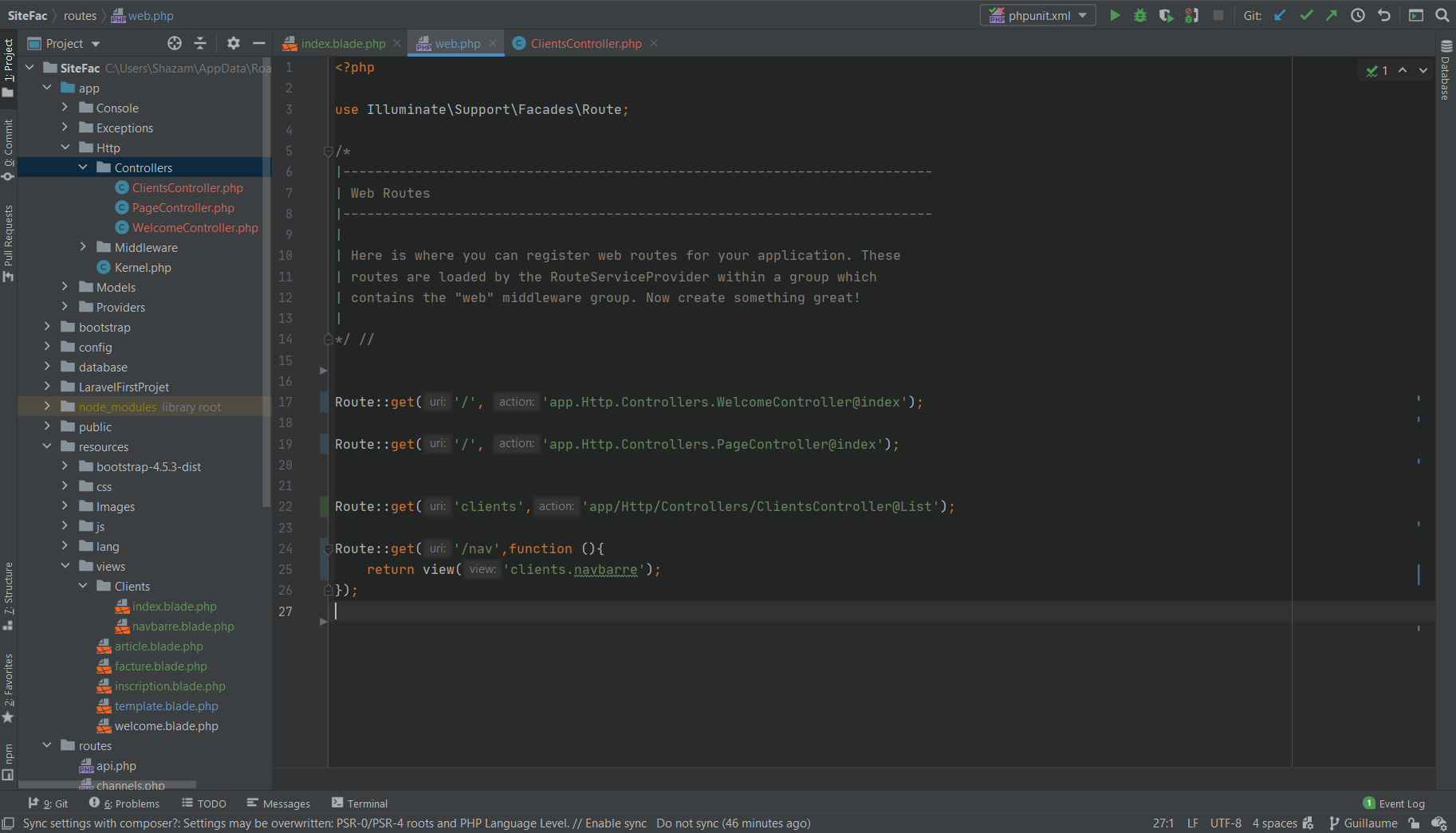 Laravel Controllers inconnus dans le repertoire - Mon ide n'arrive pas ...