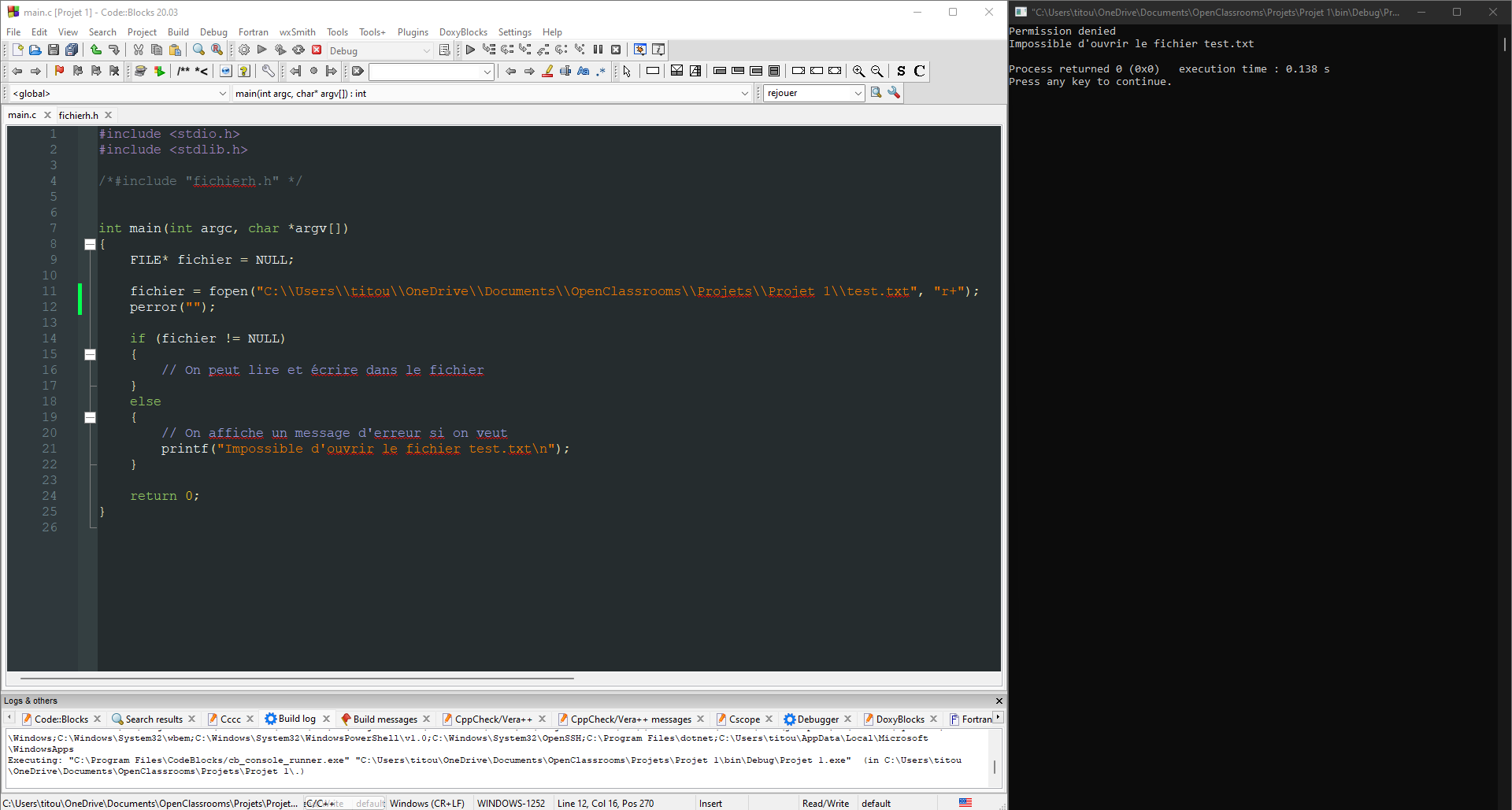[Résolu] (Débutant) Impossible d'ouvrir un fichier - IDE utilisé : Code ...