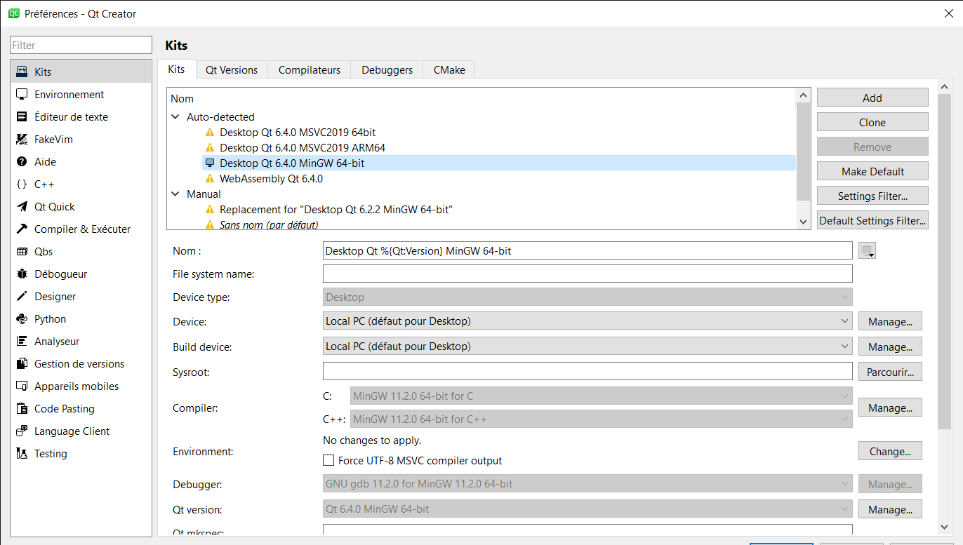 Qt creator -compliateur MSVC - Qt 6.4.0 MSVC2019 arm64 -no compiler set ...